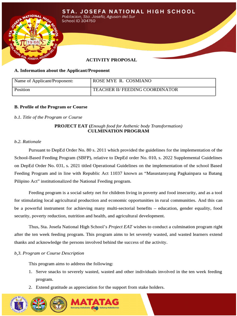 Culmination Feeding PROPOSAL 2024 | PDF | Curriculum | Hand Washing