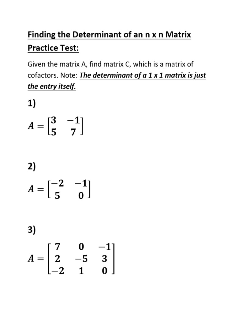 Matrix Determinant Practice Test | PDF