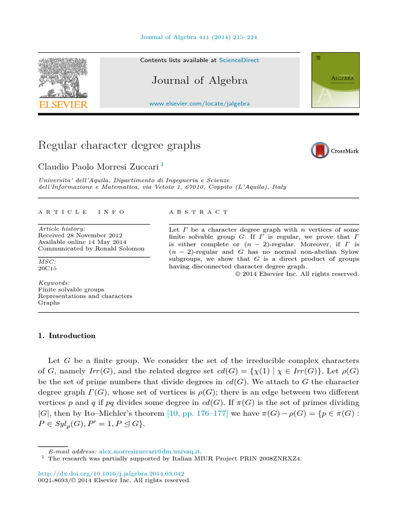 Regular Character Degree Graphs - 2014 - Journal of Algebra | PDF ...