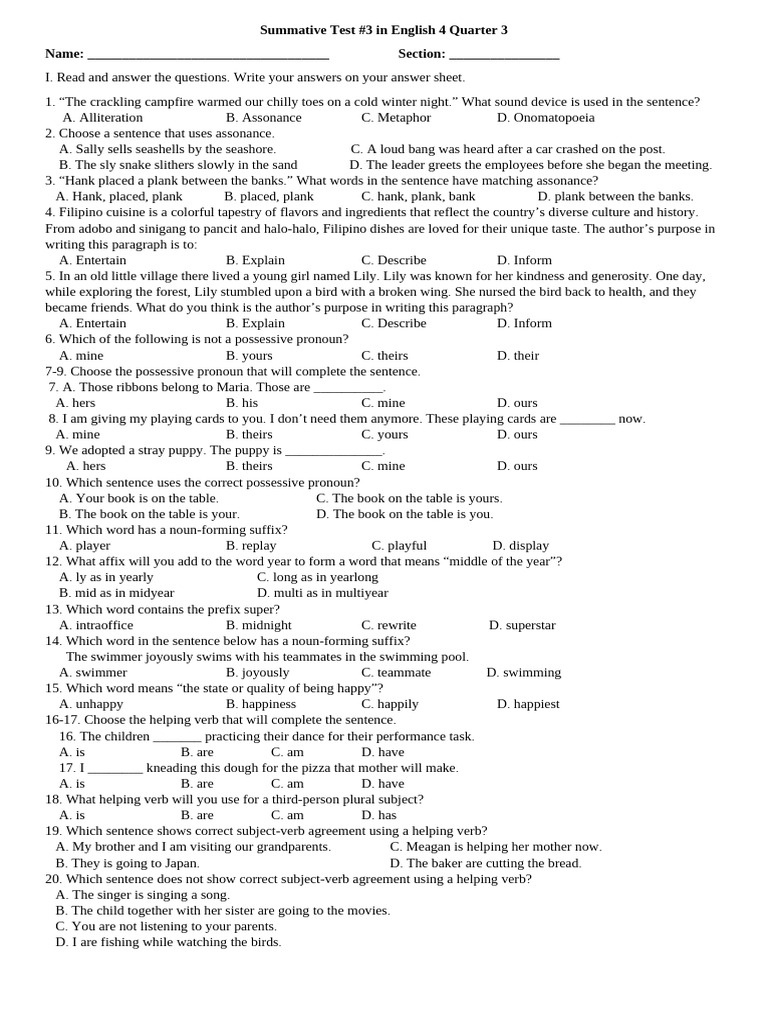 Summative Test 3 Quarter 3 English 4 | PDF | Syntax | Grammar