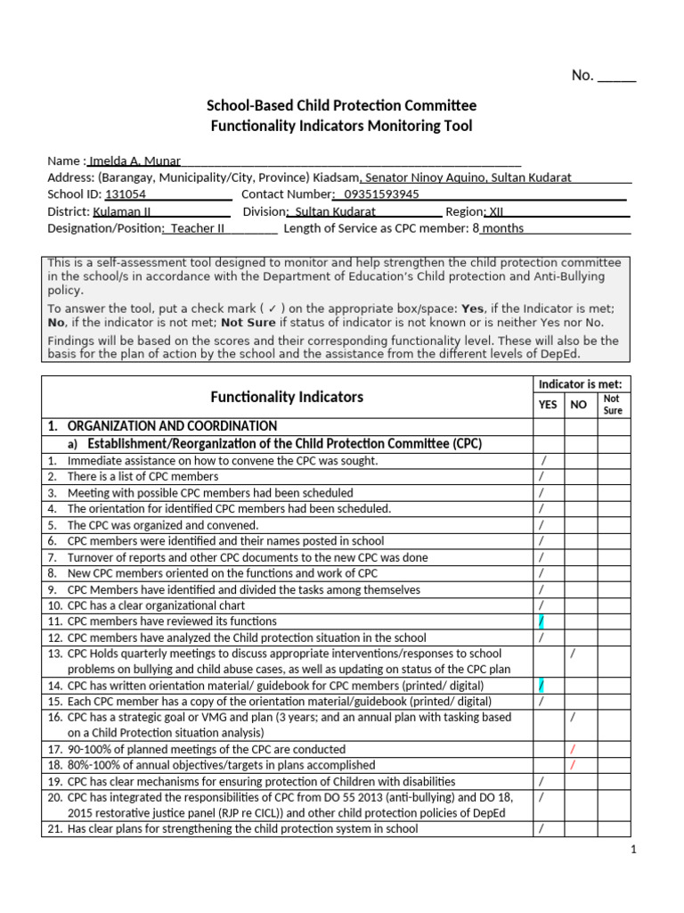 Kiadsam ES CPC Functionality Assessment Tool - .2024-2025 | PDF | Bullying | Child Protection