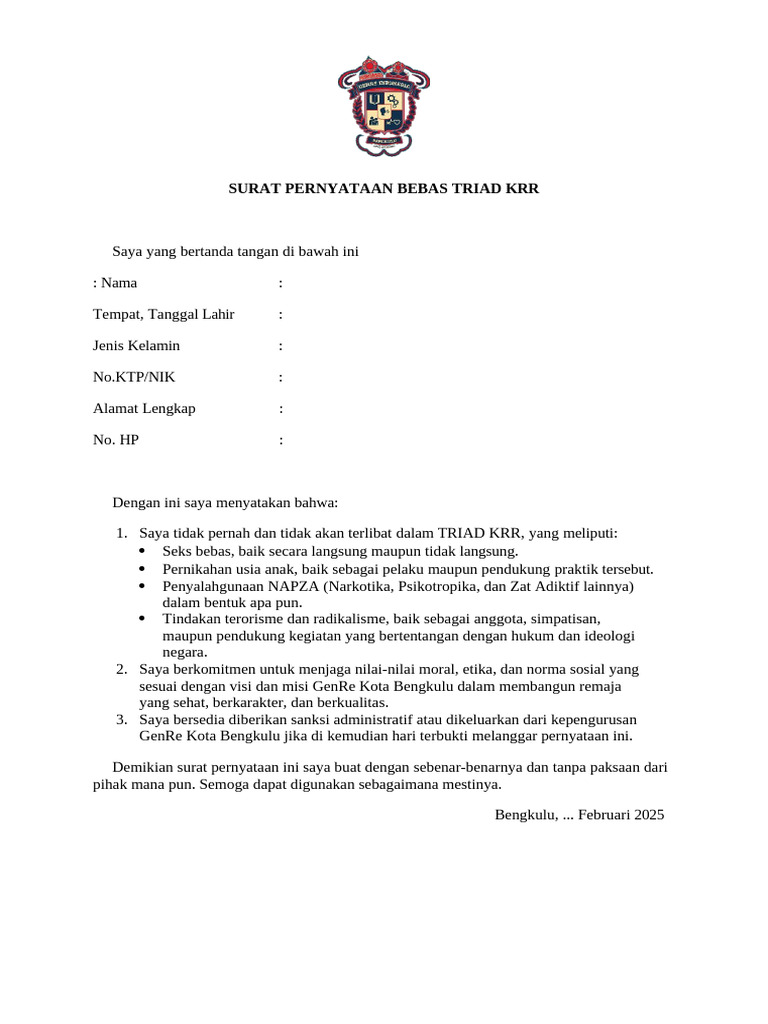 SURAT PERNYATAAN BEBAS TRIAD KRR | PDF