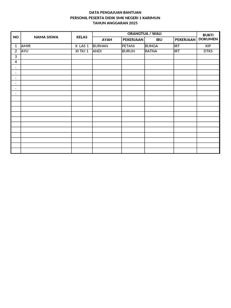 Contoh Rekap Bantuan Siswa | PDF