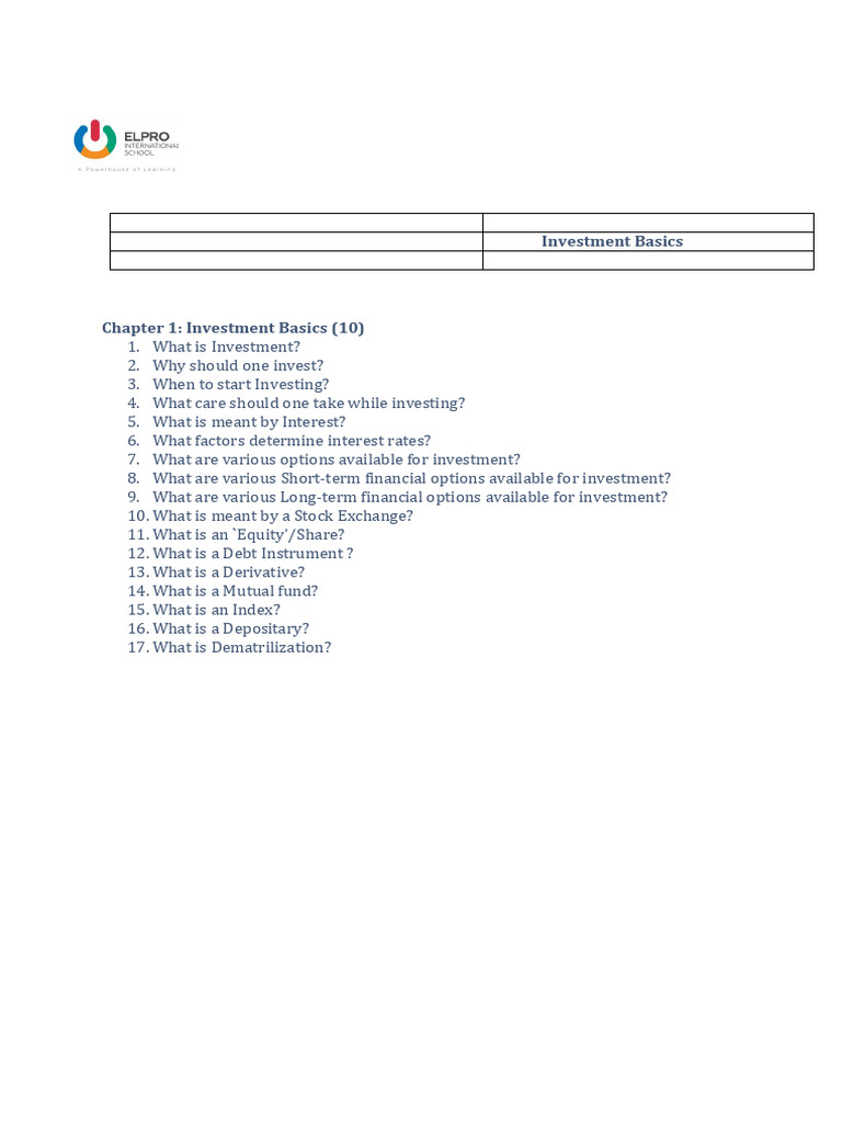 Investment Basics for XI Students | PDF