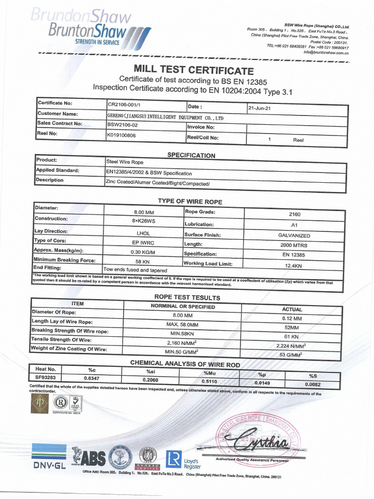 8mm Wire Rope Certificate 21 | PDF