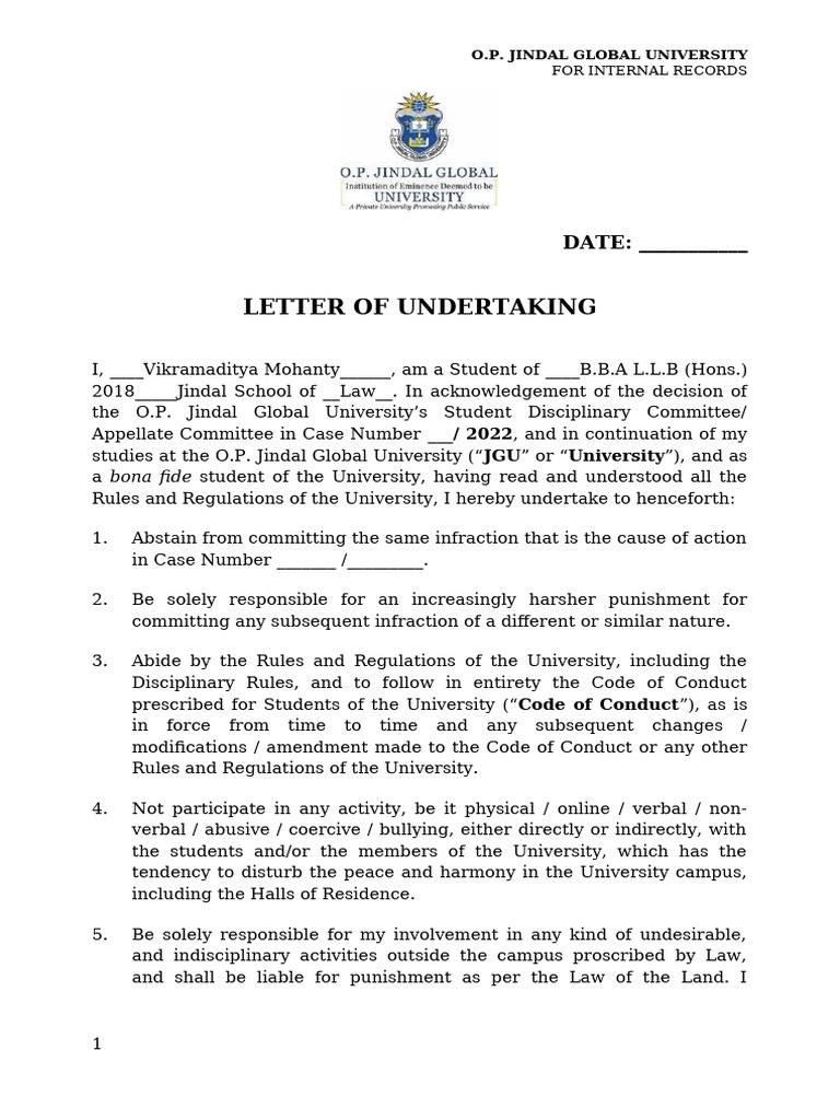 Letter of Undertaking (for Students) | PDF | Government | Justice