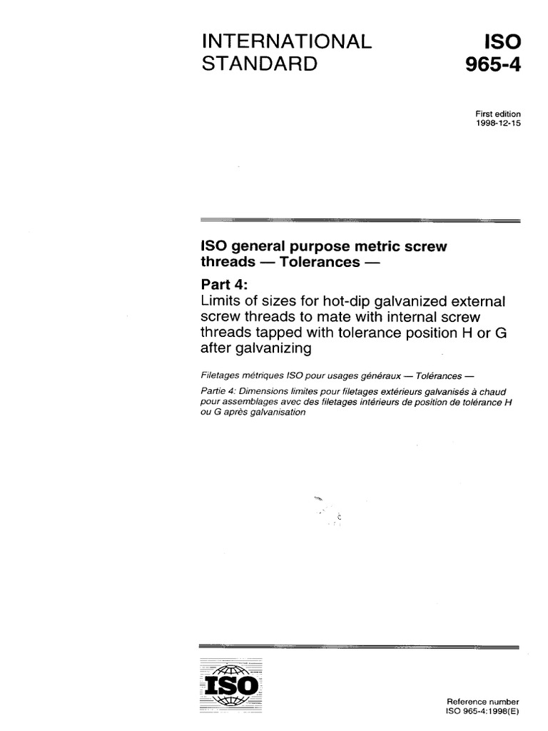 ISO 965-04 - 1998 ISO General Purpose Metric Screw Threads Tolerances Part4 Limi | PDF