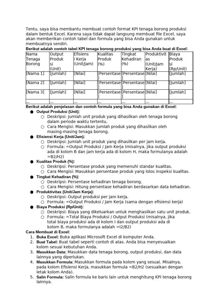 Contoh Format KPI Produksi Excel | PDF