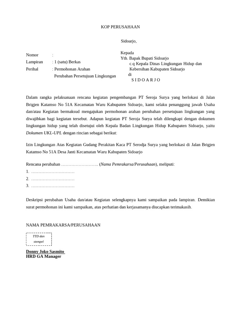 Contoh Surat Arahan Perubahan Persetujuan Lingkungan PP21 th 2021 (1) | PDF