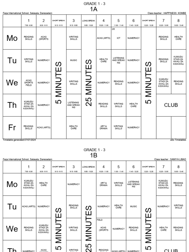 1-3 Class Timetable 7TH July 2024 | PDF