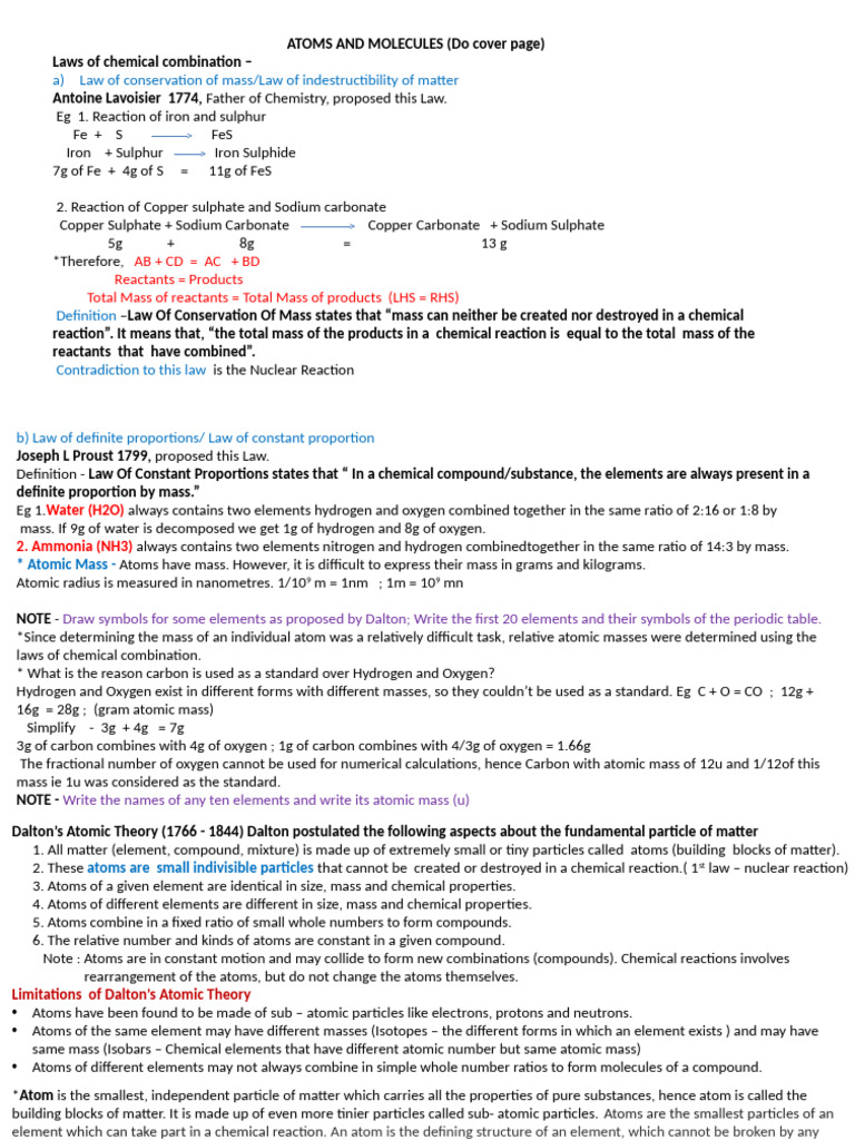 Notes On Atoms & Molecules Part 1-2 | PDF | Ion | Chloride