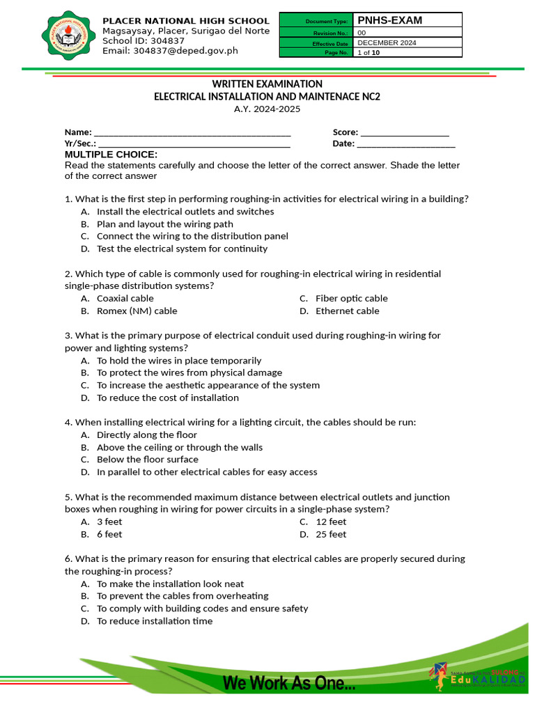 Electrical Installation Exam NC2 2024-2025 | PDF | Electrical Wiring ...