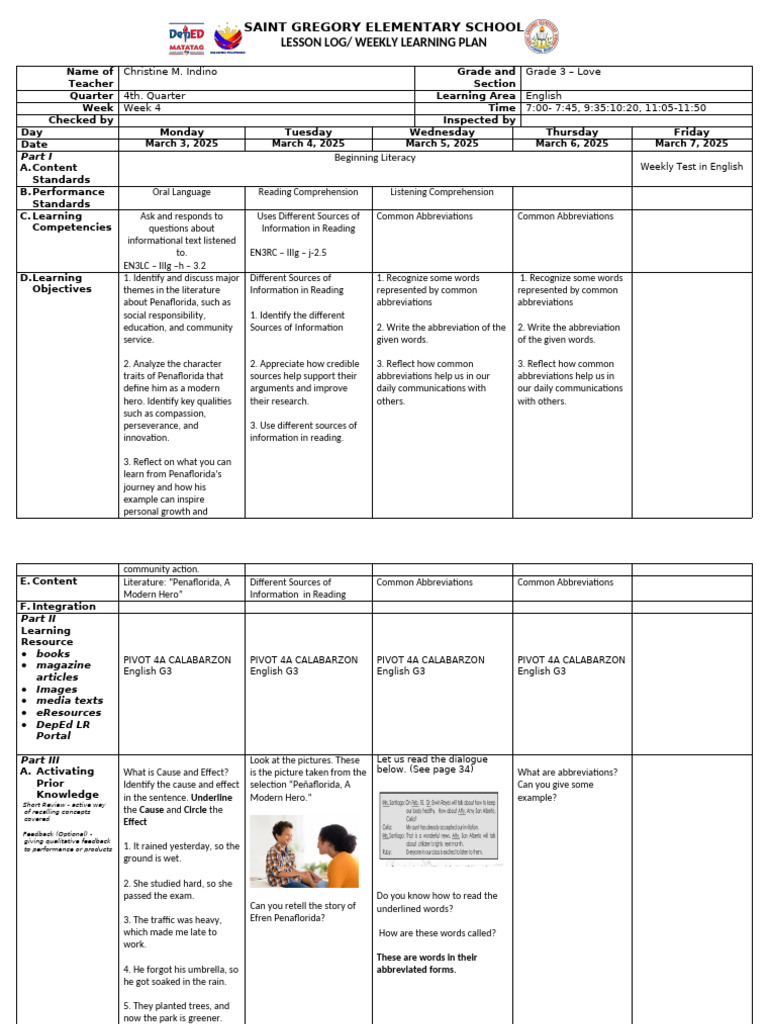 Lesson Plan_Quarter4_Eng_Week4 | PDF | Reading Comprehension | Learning