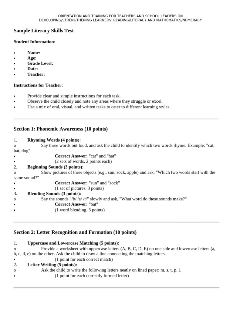 Sample Literacy Skills Test | PDF | Linguistics | Learning