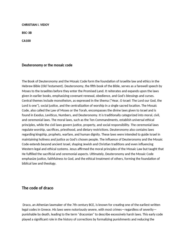 Vidoy, Deuteronomy The Mosaic Code, The Code of Draco, The Code of ...