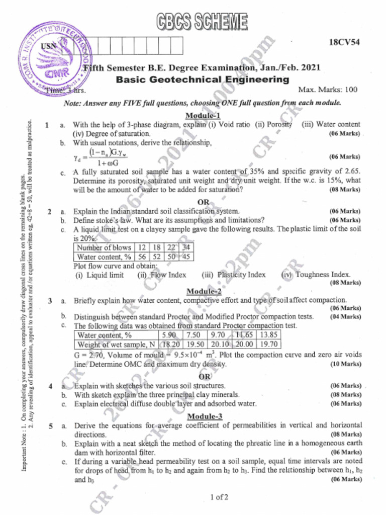 VTU Exam Question Paper With Solution of 18CV54 Basic Geotechnical Engineering Jan-2021-Divya ...