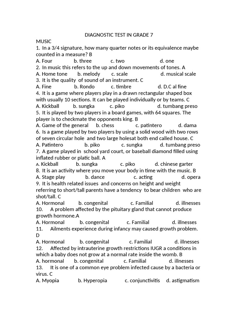 Diagnostic Test in Grade 7 | PDF