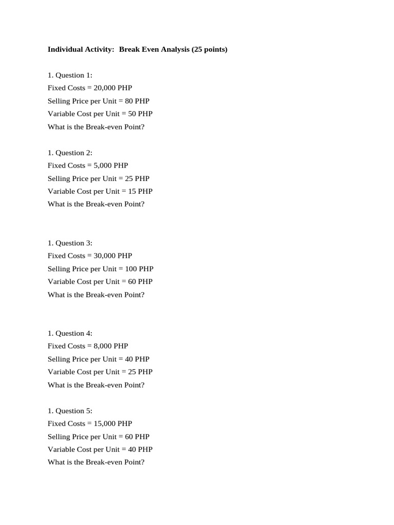 Break Even Analysis Questions and Solutions | PDF