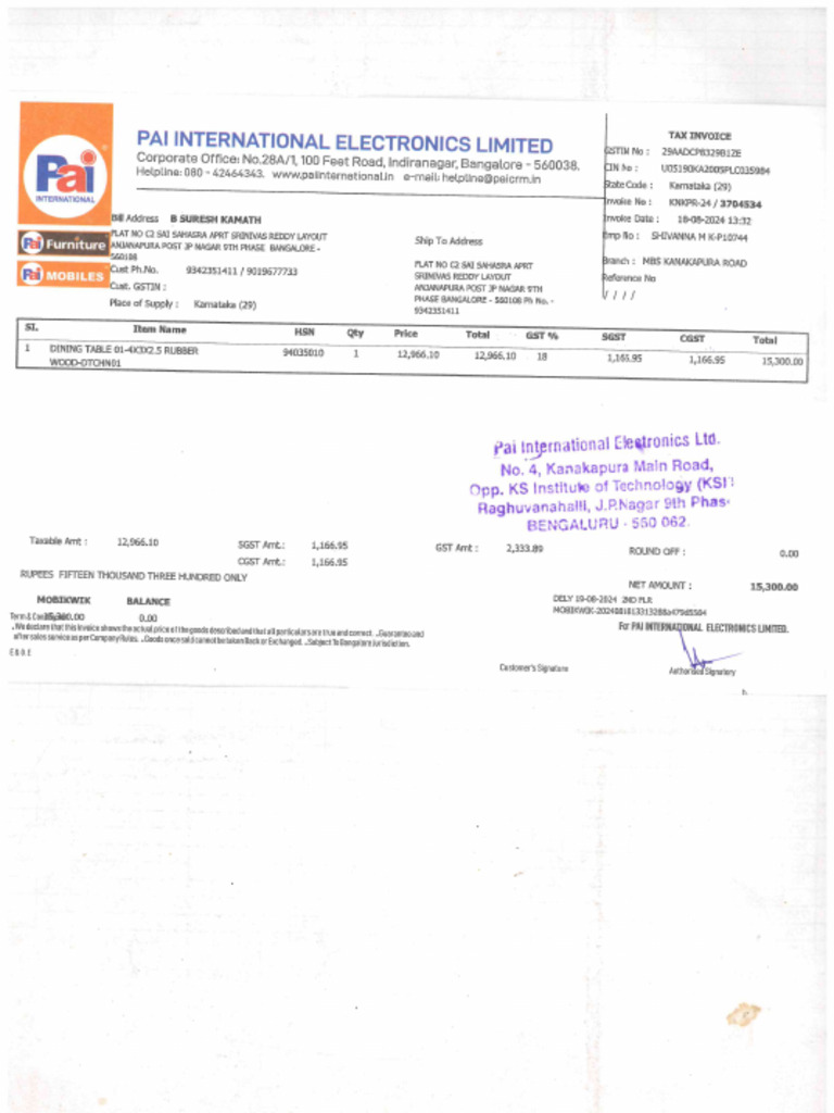 Pai International Dining Table Receipt | PDF