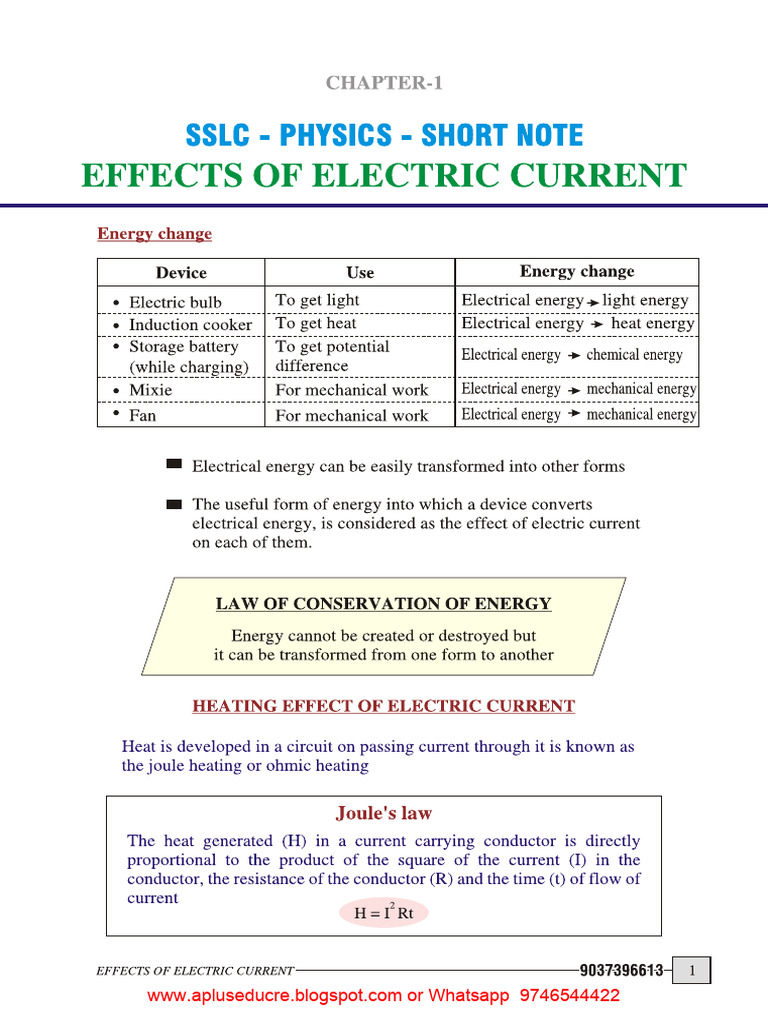 A+ Blog-Sslc-Physics-Chapter-1-Effects of Electric Current-Pdf Note | PDF