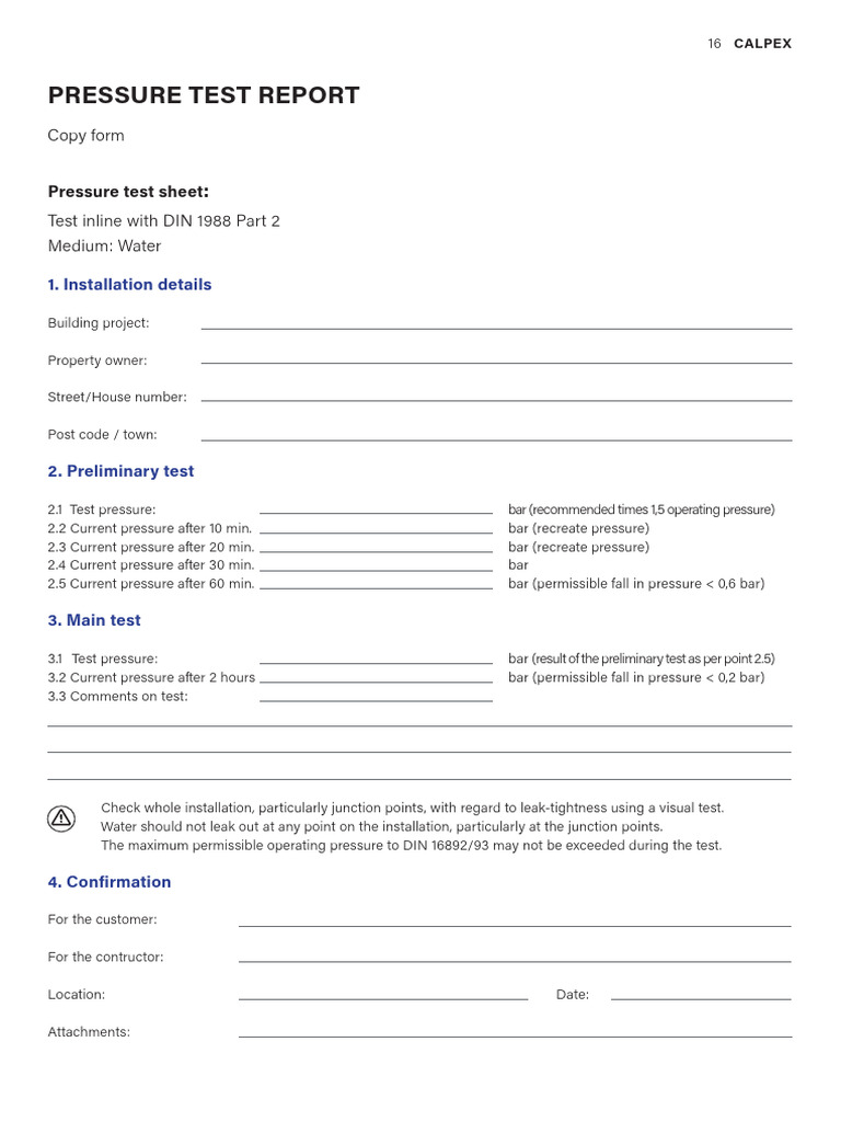 Pressure Test Report for Water System | PDF