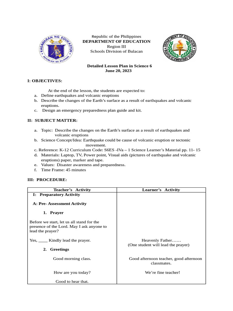 Earthquake and Volcano Lesson Plan | PDF | Volcano | Earthquakes