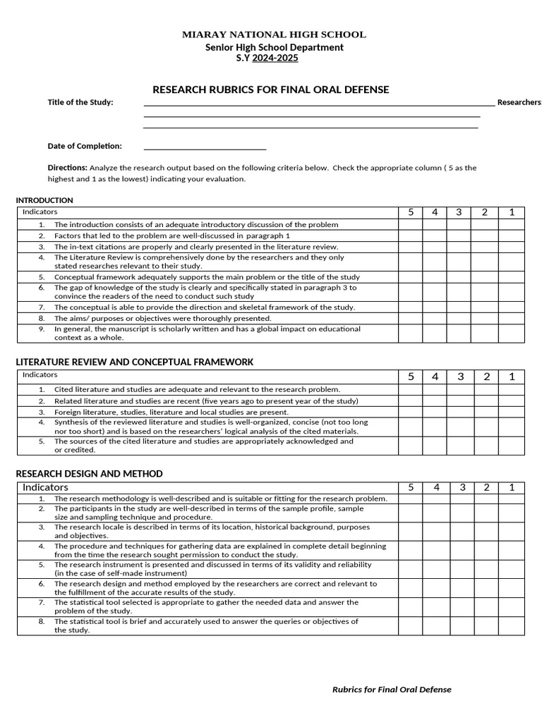 Research Rubrics Final Oral Defense | PDF | Statistics | Data