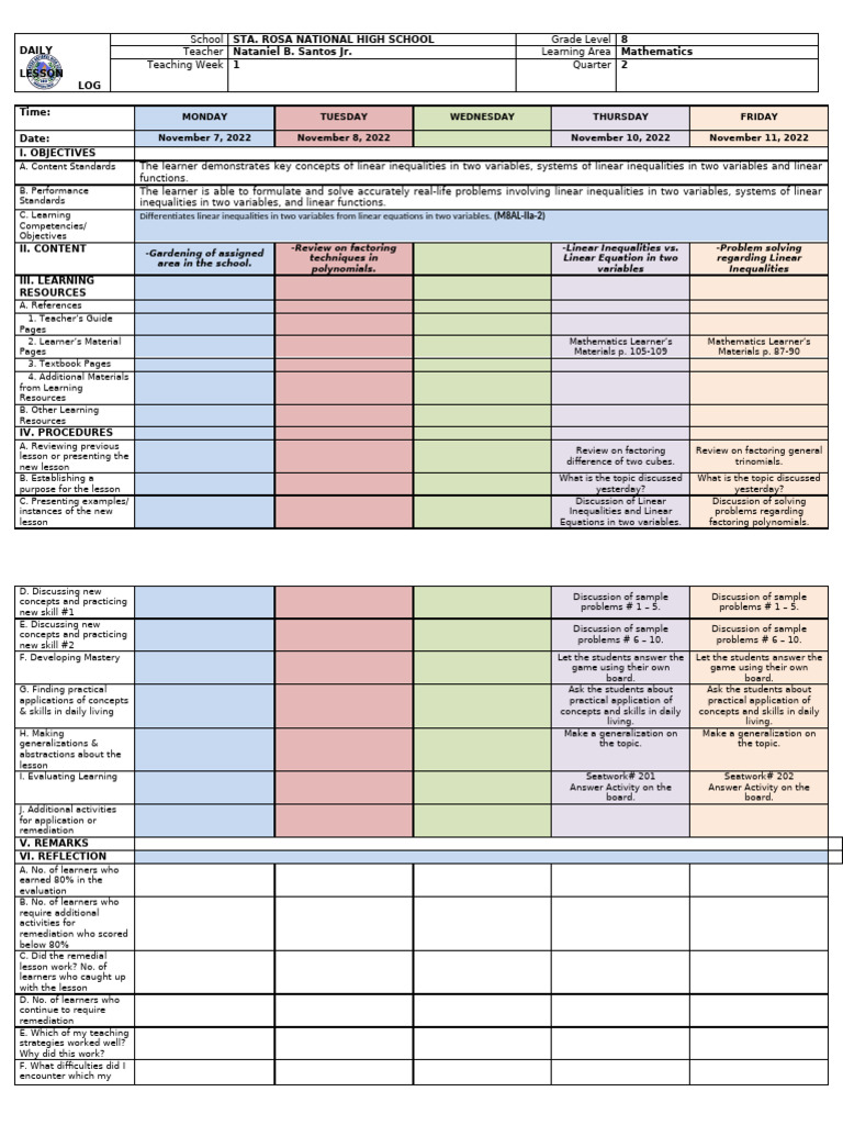 JHS Daily Lesson Log SY 2022 2023 Math8 2week1 | PDF | Variable ...