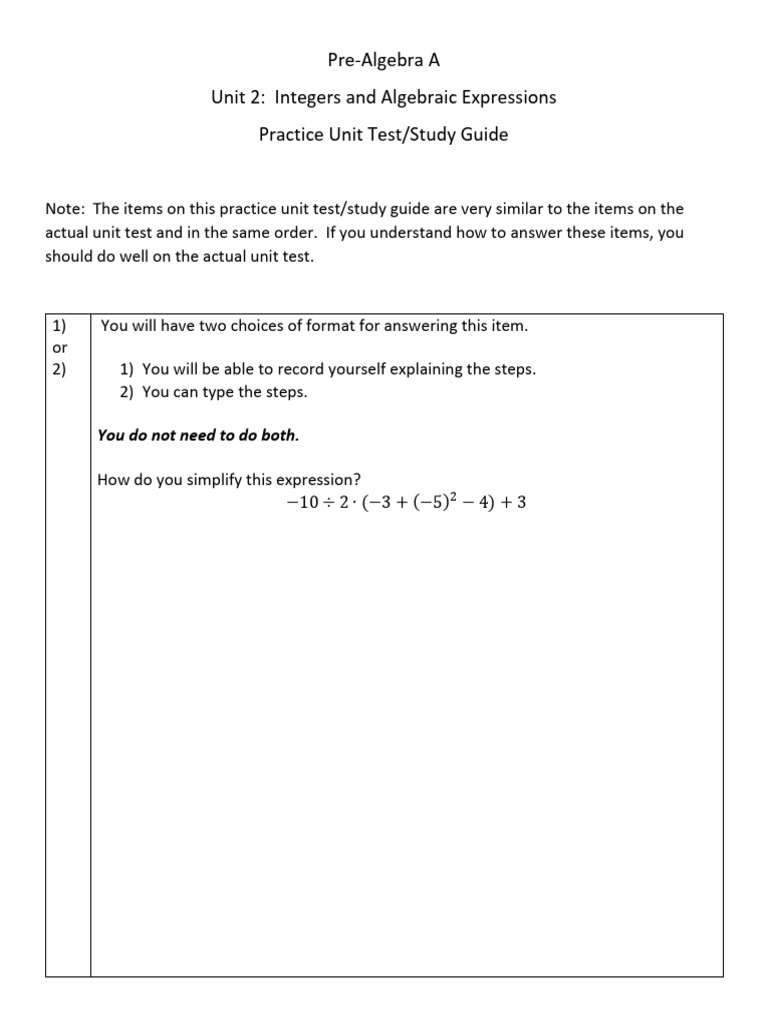 Unit 2 Integers and Algebraic Expressions Practice Test | PDF ...