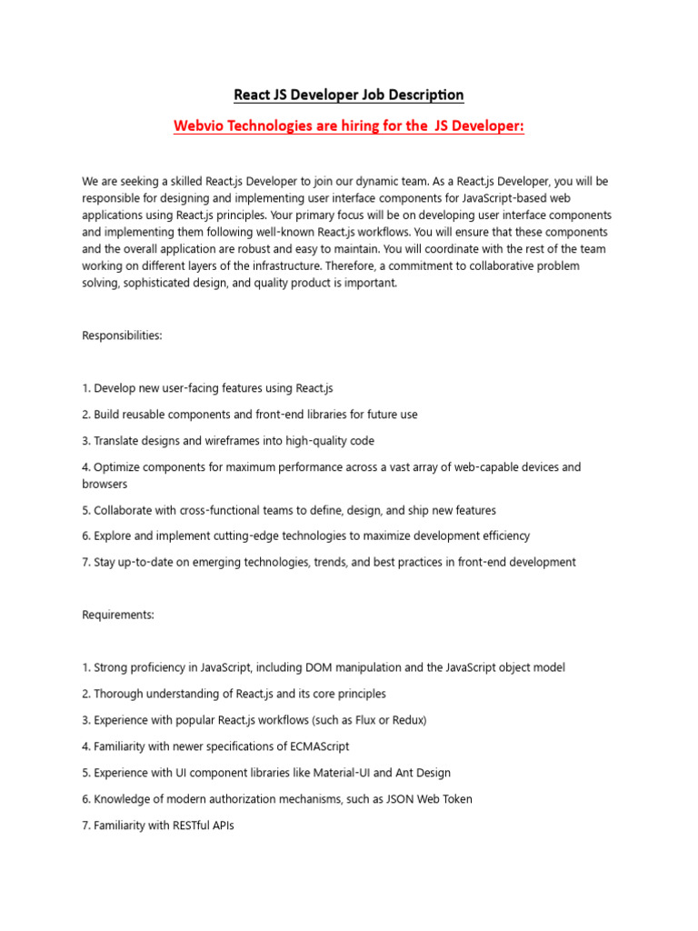 React Js Developer Job Decsription Pdf Java Script Computing