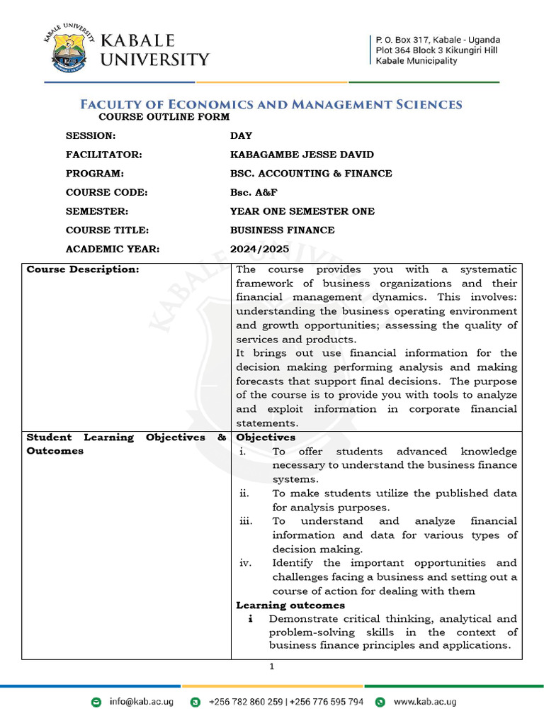 Business Finance Course Outline | PDF | Learning | Information