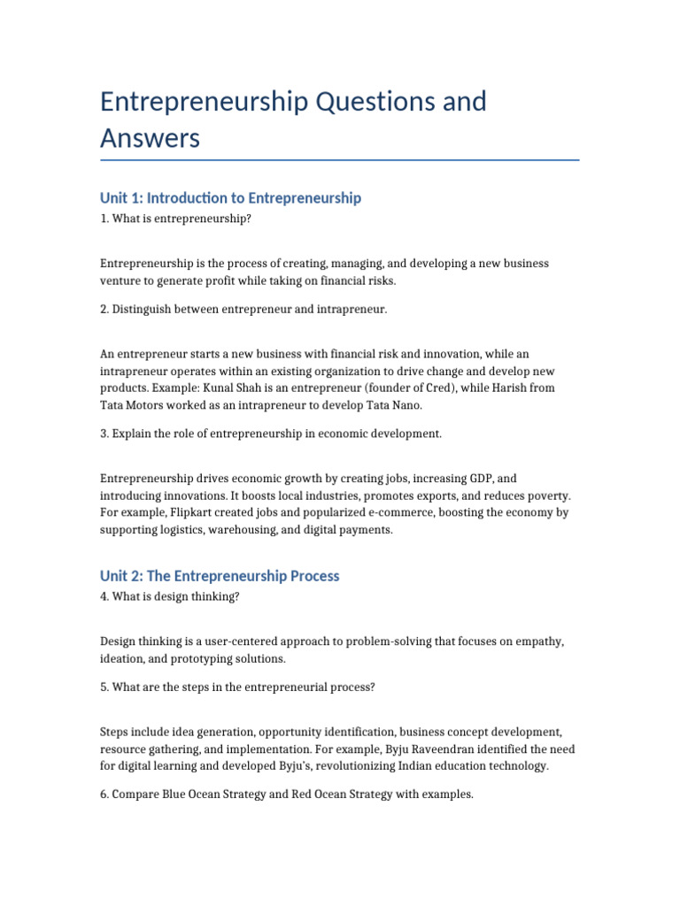 Entrepreneurship Brief Answers With Indian Examples | PDF ...