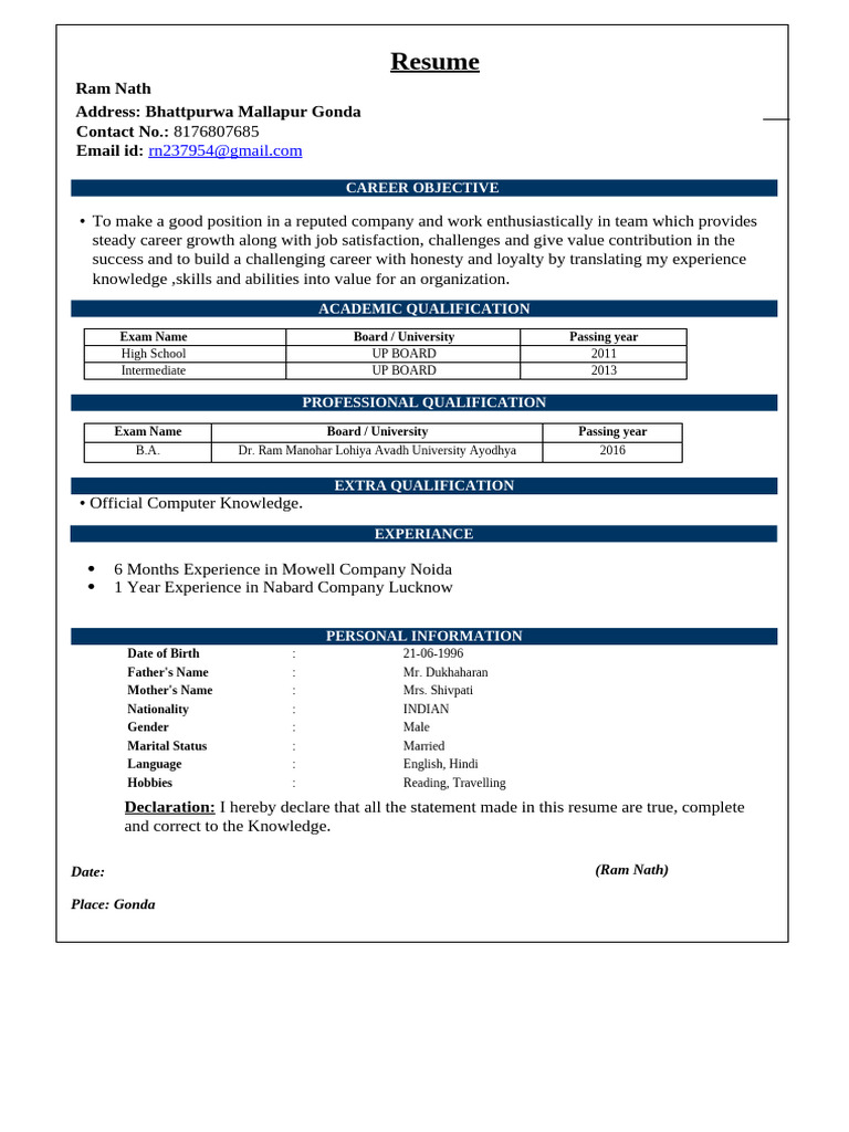 Ram Nath's Resume & Career Profile | PDF