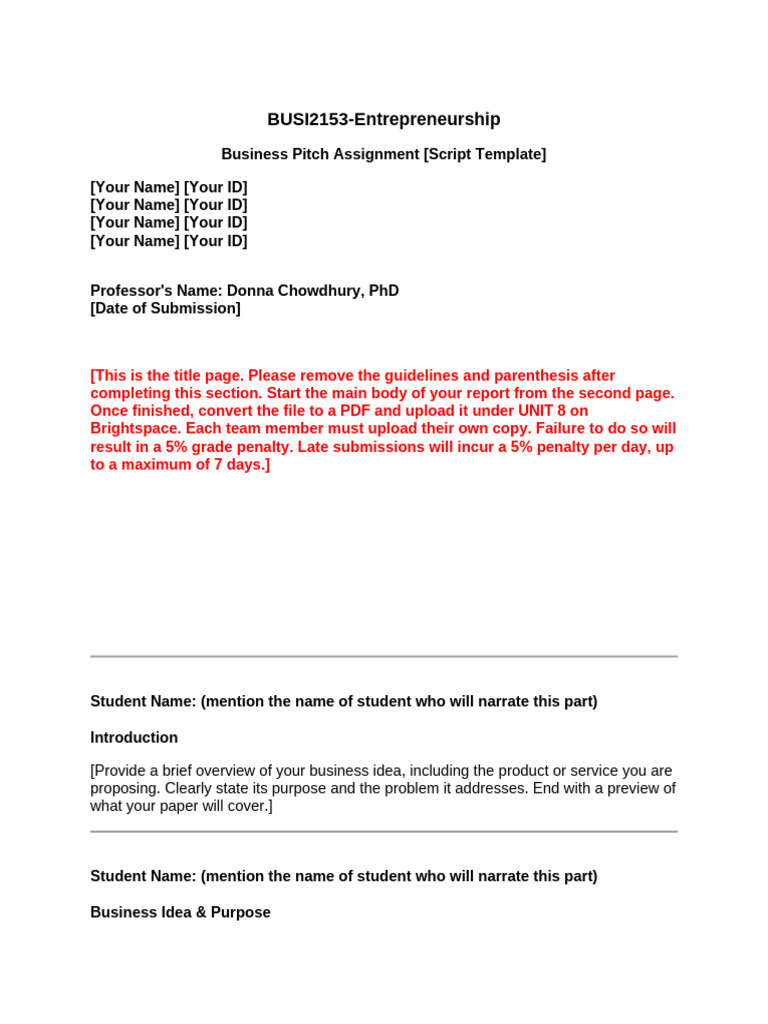 BUSI2153_Pitch of a Business Idea_Script_Template | PDF