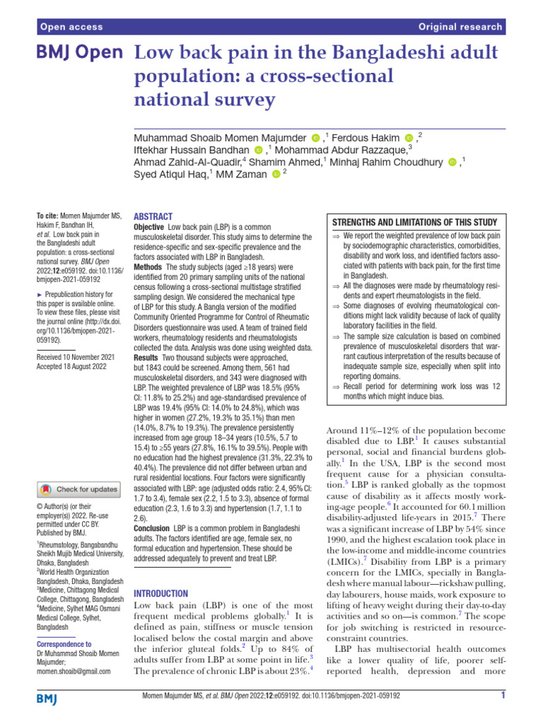 Low Back Pain Prevalence in Bangladesh | PDF | Body Mass Index