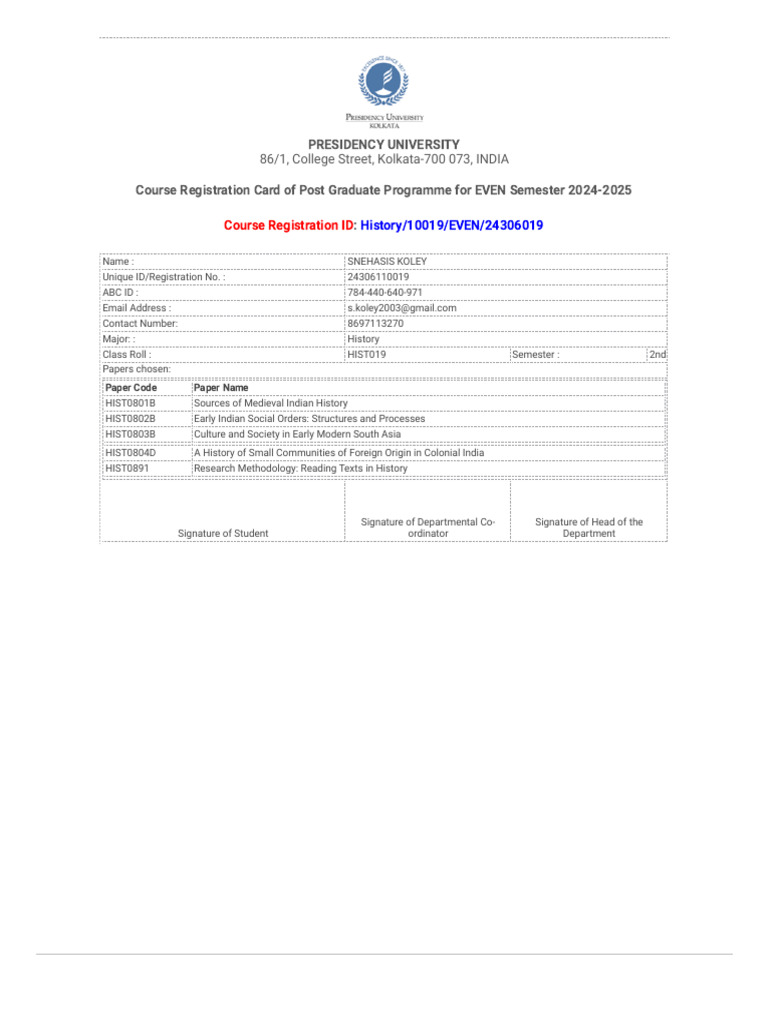 2nd Sem Course Registration Card | PDF