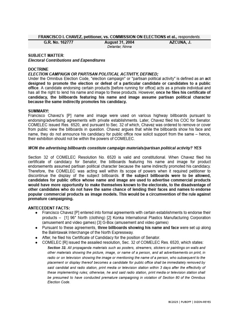 COMELEC Ruling on Chavez's Billboards | PDF | Police Power (United ...