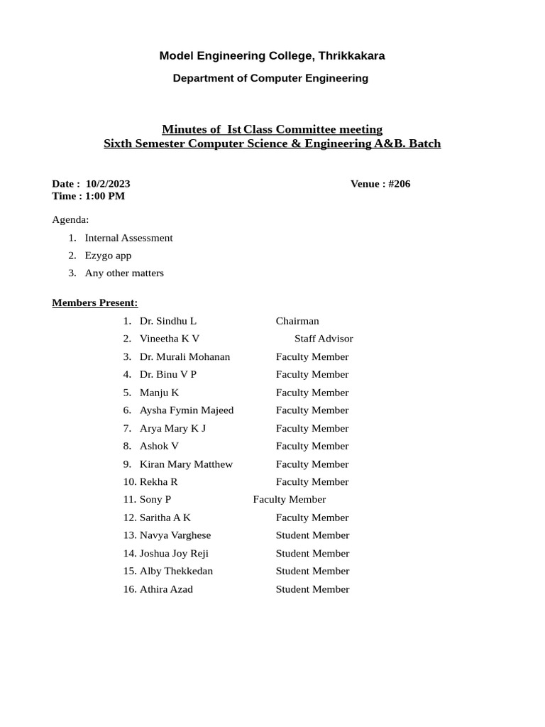 Sixth Semester CSE Class Committee Minutes | PDF