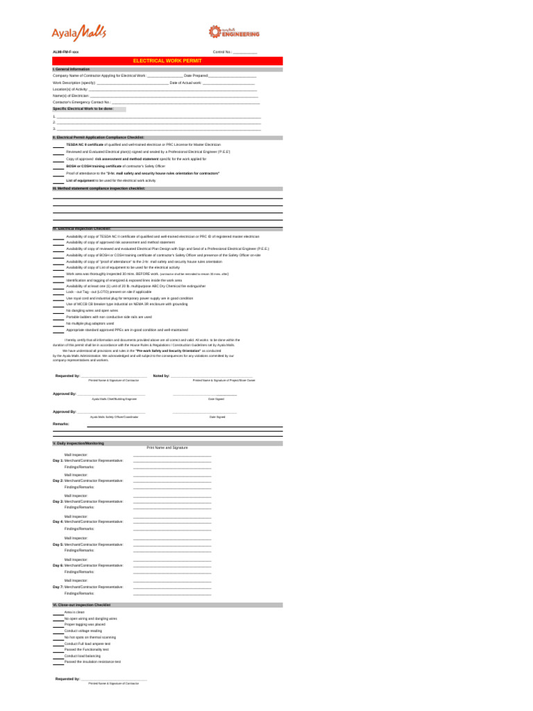 Electrical Work Permit and Safety Checklist | PDF | Electrician ...