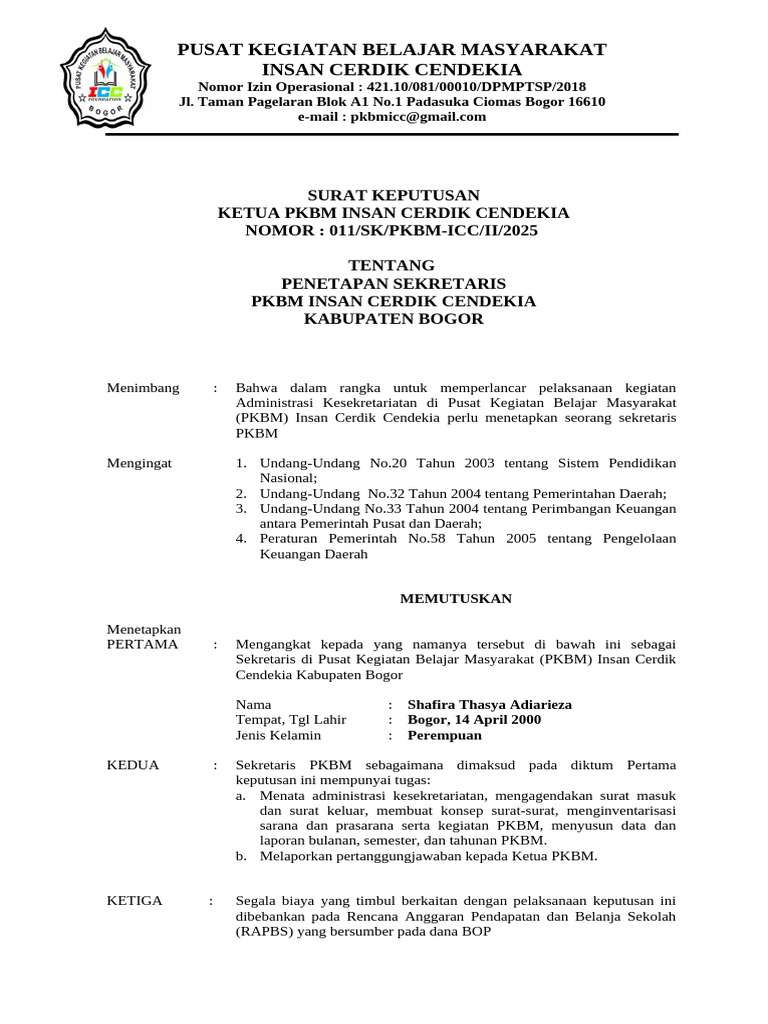 1 SK PENGANGKATAN SEKRETARIS PKBM | PDF