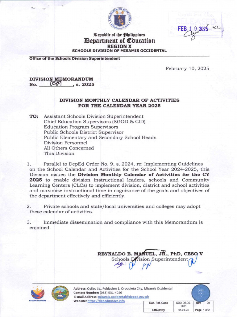DM.-0389-S.-2025 Division Monthly Calendar of Activitites For The ...