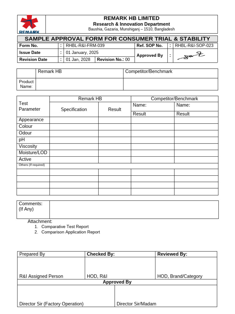 Sample Approval Form For Consumer Trial & Stability | PDF