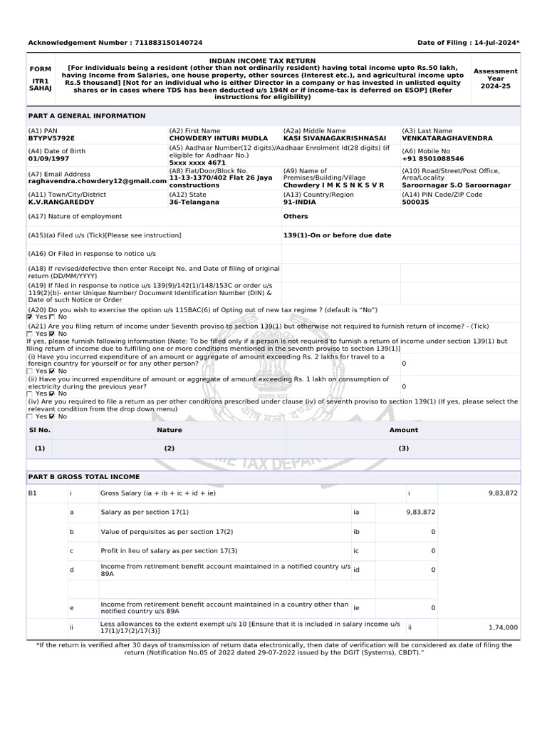 Indian Income Tax Return ITR1 Form 2024 | PDF | Tax Deduction | Tax Refund