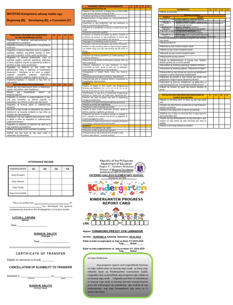 edited-MATATAG-KINDERGATEN-PROGRESS-REPORT-CARD | PDF