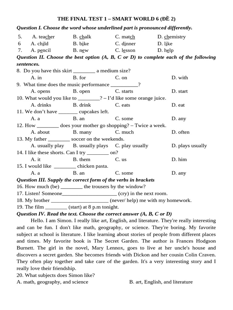 DE CK1 SW 6 (Đề 2) | PDF | The Secret Garden
