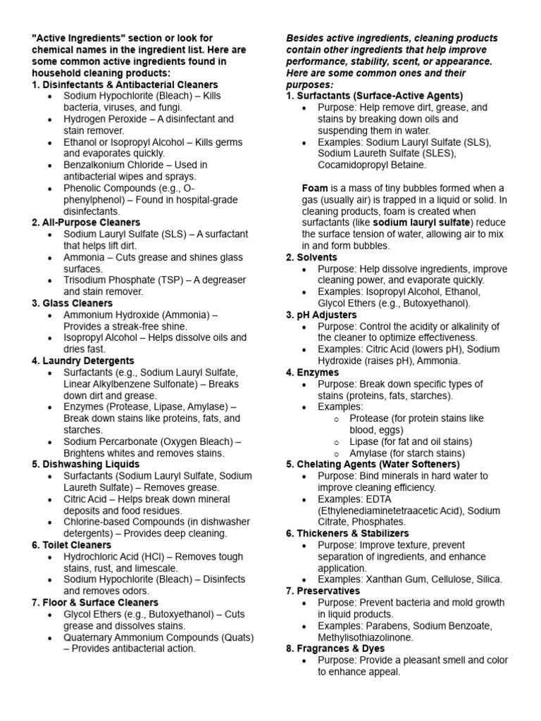 Active Ingredients in Cleaning Products | PDF | Bleach | Surfactant