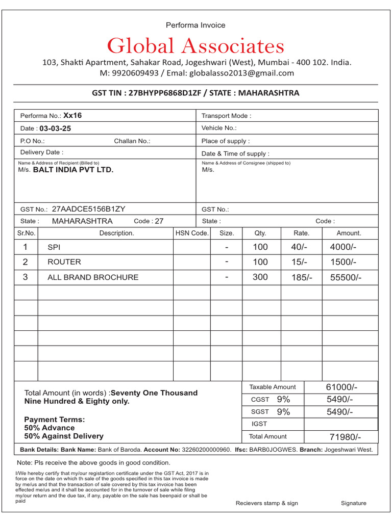 Performa For BALT INDIA PVT LTD - Brochure | PDF | Taxation ...
