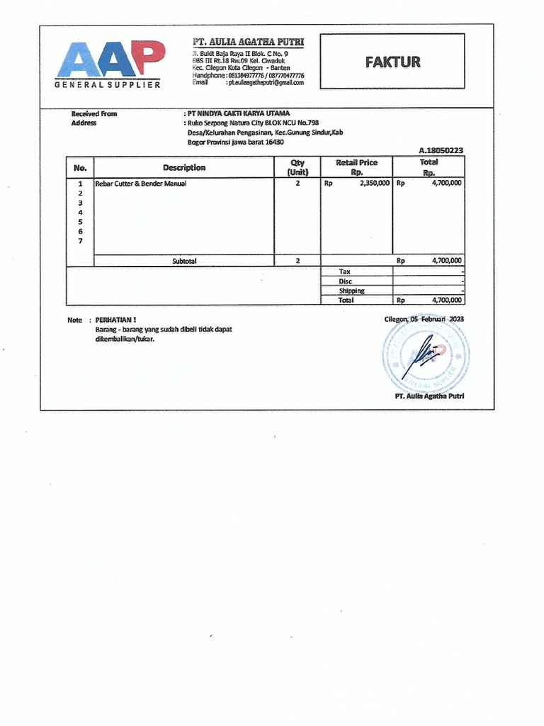 Invoice Pembelian Bar Bender Dan Bar Cutting | PDF