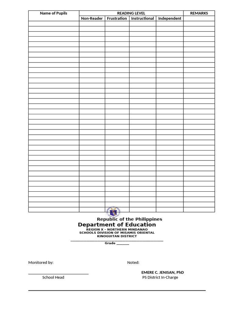 Reading Evaluation Form | PDF