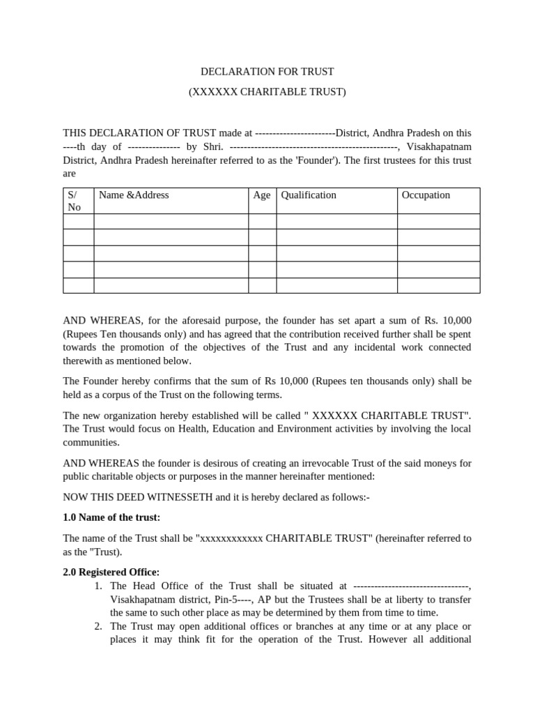 Declaration of XXXXXX Charitable Trust | PDF | Board Of Directors | Trustee